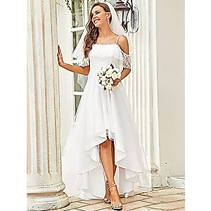 Ever-Pretty Womens Lace Spaghetti Straps Off Shoulder High Low Floor Length Wedding Dress for Bride White US12