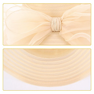 Haoohu Women's Church Derby Hat Wide Brim Bow Bucket Hat Wedding Dress Hat Fascinator Bridal Tea Party Hat Beige