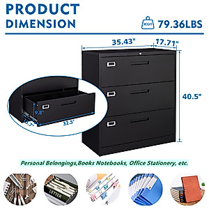 BYNSOE File Cabinet with Lock 3 Drawer Lateral File Cabinets for Legal/Letter A4 Size Metal Filing Cabinet for Office Home Requires Assembly(3 Drawers, Black)