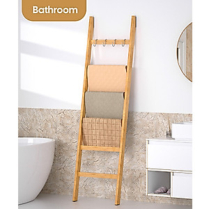 Cozivolife Blanket Ladder 6-Tier,Bamboo Towel Rack with 2 Anti-Tip Straps and 4 Hooks,Ladder Shelf Easy Assembly,Wall-Leaning Blanket Rack,Rustic Decorative Farmhouse Storage (Natural)