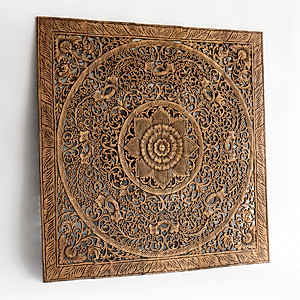 Queen Mandala Head Board Wood, Carve Wall Art Hanging, Reclaim Teak Medallion Panels, Weathered Brown Stain Finishing, 60 inches