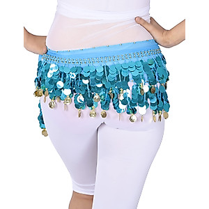 ZLTdream Lady's Belly Dance Film Gong Skirt Hip Scarf Belt Chiffon with Gold Coins Light Blue
