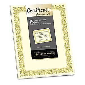 SOUCTP1V Southworth CTP1V Premium Certificates Ivory Fleur Gold Foil Border 66 lb 8.5 x 11 15/Pack
