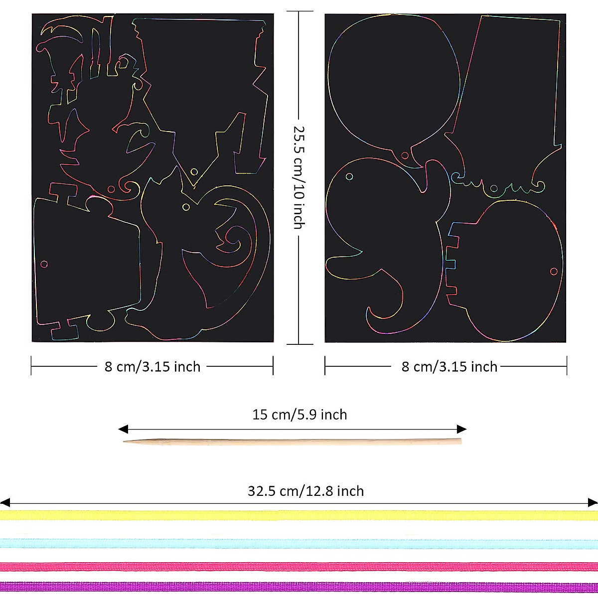 Blulu 48 Pieces Halloween Scratch Paper Rainbow Witch Pumpkin Scratch Crafts Kit Halloween Hanging Ornaments Art with Wooden Stick and Rope for Party Decoration DIY Supplies