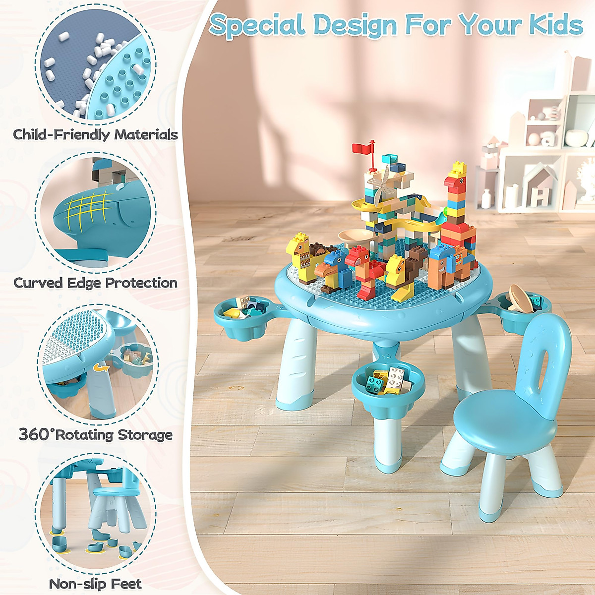 GITAWUSA Toddler Table and Chair Set, Kids Table and Chair with Double-Side Tabletop, Block Table for Toddlers 1-3, Kids Multi-Activity Table with Storage for Daycare/Playroom (Blue)