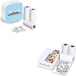 Ponek T02 Mini Sticker Printer Thermal Pocket Printer Paper, White Self-Adhesive Paper Compatible with T02 Bluetooth Mini Sticker Printer, Black On White Paper for Journal Photo, 50mm x 3.5m