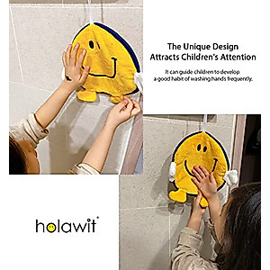 holawit Cute Happy Face Positive Smile Character Microfiber Coral Velvet Ultra Soft Super Absorbent Hand Towel with Hanging Loop