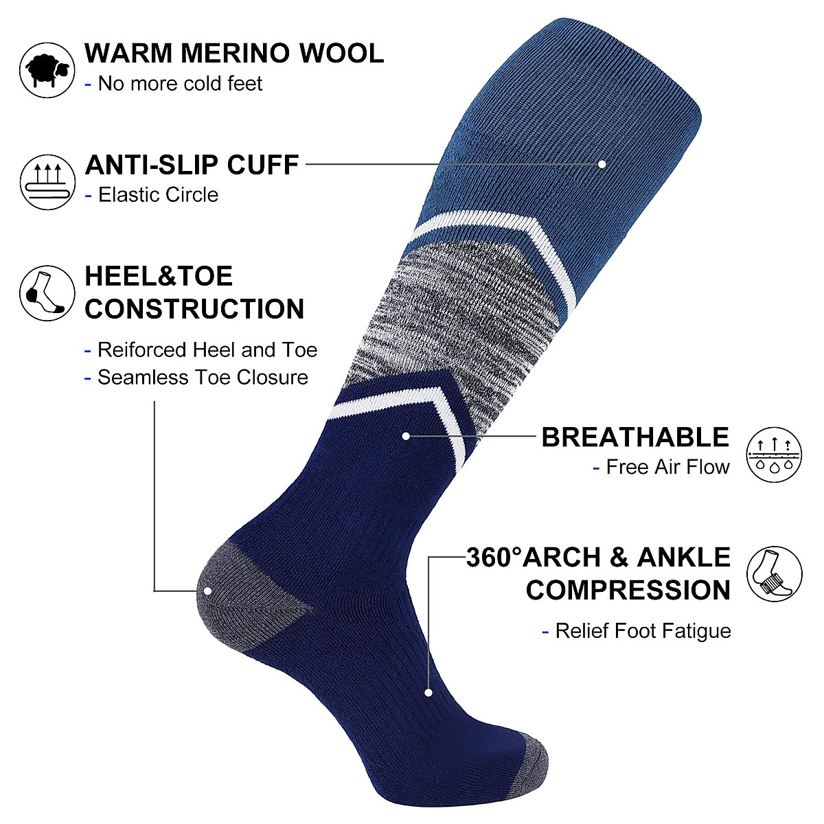 FITRELL 3 Pack Men's and Women's Ski Socks Full Cushioned Winter Merino Wool Thermal Knee High Warm Socks for Skiing Snowboarding, Black+Orange+Blue, Large