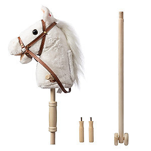 HollyHOME Stick Horse Plush Handcrafted Hobby Horse on a Stick with Wood Wheels Real Pony Neighing and Galloping Sounds for Kids Toddlers White 36 Inches(AA Batteries Required)