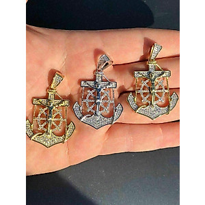 HarlemBling Solid 925 Sterling Silver -Jesus On Anchor Cross Pendant - Hip Hop Iced - Natural Silver Or Two Tone Gold Finish (Two Tone)