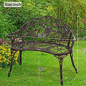 Patio Park Metal Bench Outdoor Garden Bench Romantic Rose Bronze Porch Chair, Antique Finish Carving Design Outside Patio Furniture Bronze Park Bench for Park Yard Lawn Deck