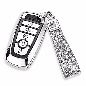 Royalfox(TM) 3 4 5 Buttons 3D Bling keyless Entry Remote Smart Key Fob case Cover for 2017 2018 2019 2020 2021 2022 Ford Mustang Explorer Edge Fusion F150 F250 F350 F450 F550 (Silver)