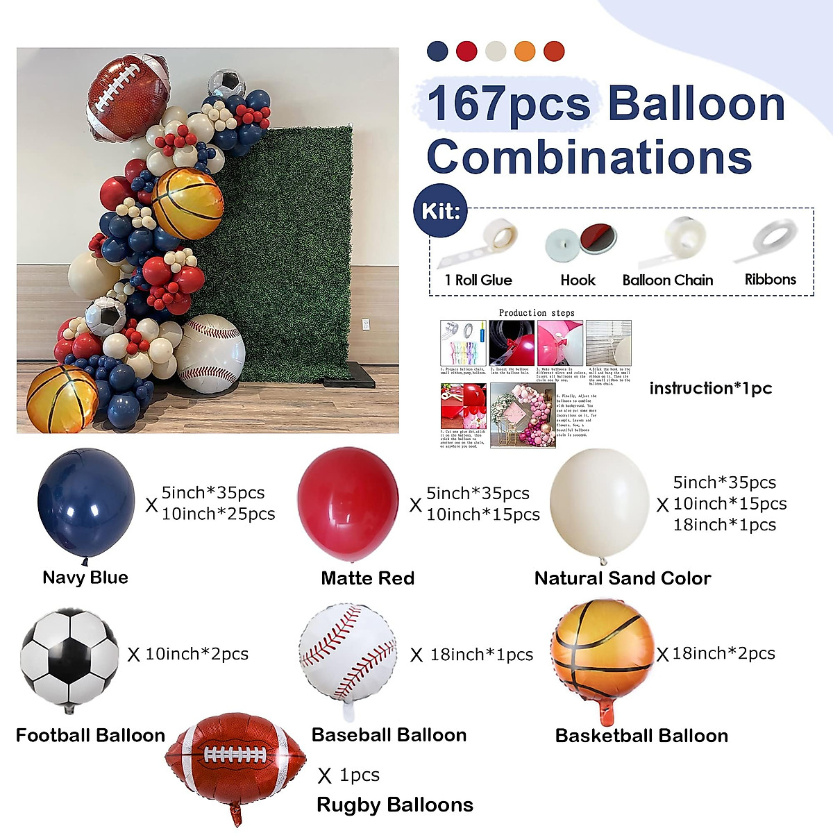 MYDECORBL 167 Pcs Ball Theme Balloon Arch Garland Kit Navy Blue Matte Red Natural Sand Balloons Ball Foil Balloons for Sports Theme Party Games Garden Theme Party Celebration Party Father's Day