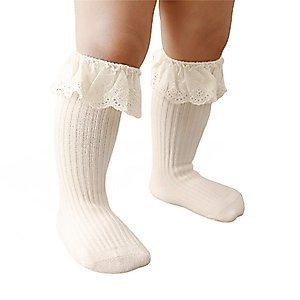 N / D Newborn Toddler Kids Baby Girls Infant High Knee Knitted Socks Cute Ruffle Lace Long Stockings Fall Winter (Beige White, 0-1 Years)