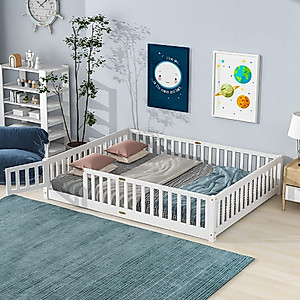 LLS Queen Floor Bed for Children, Durable Montessori Floor Bed with Wood Slats, Safety Fence & Small Door, Wood Floor Bed Frame for Girls Boys Children, White (with Bed Slats)