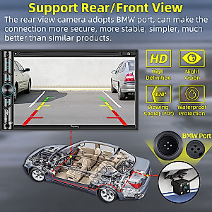 Double Din Car Stereo with Mirror Link for iOS & Android, 7" Full HD Capacitive Touchscreen Carplay, Support Backup/Front Camera, Bluetooth 5.0, Steering Wheel, AM/FM Car Audio Receivers