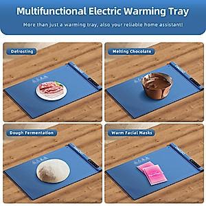 Electric Warming Tray, Warming Mat for Food with 17 Temperature Settings and Timing, Rollable & Portable Premium Silicone Electric Heating Tray with Auto Shut-Off and Lock for Parties Buffet (Blue)