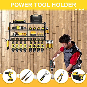 LADER Power Tool Organizer, 8 Drill Holder Wall Mounted, 4 Layer Heavy Duty Metal Tool Shelf, Garage Tool Organizer and Tool Storage Rack with Screwdriver Holder/Plier Holder/Hammer Holder