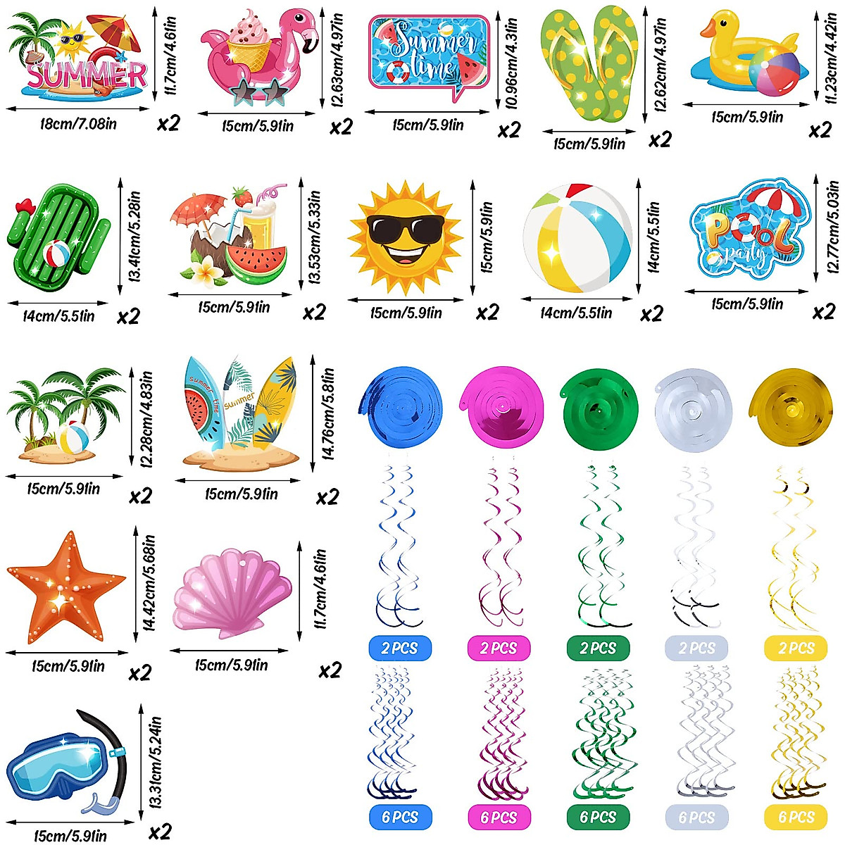 Whaline 70Pcs Summer Pool Beach Hanging Swirls Pool Party Foil Ceiling Hanging Decoration Flamingo Flip Flops Sun Volleyball Starfish Seashell Hanging Swirls for Summer Time Hawaii Party Supplies