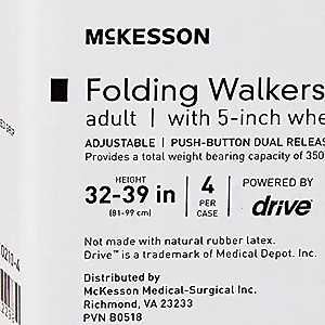 McKesson Folding Walkers with Wheels, Aluminum, 32 in to 39 in, 350 lbs Weight Capacity, 1 Count