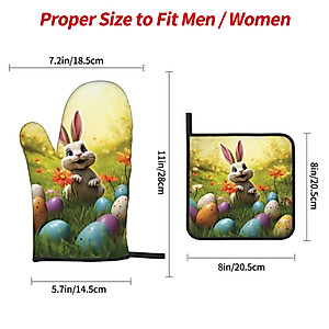 Oven Mitts and Pot Holders Set of 4 Happy Easter Day Print Kitchen Oven Glove Fashion Heat Resistant Oven Gloves Set for BBQ Grill Baking Cooking Oven Microwave
