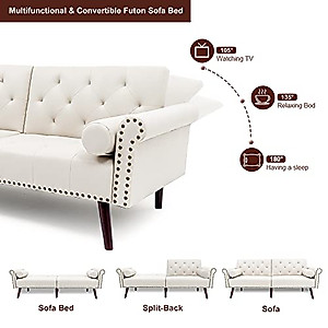 SUN & SUMMER Futon Sofa Bed for Living Room Loveseat Sectional Sofa Convertible Sleeper PU Leather Tufted Couch with 2 Bolster Pillows Beige