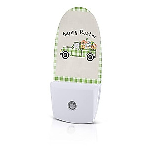 Spring Easter Night Light, LED Plug in Night Light, Green Checkered Truck Bunny Colorful Eggs Carrot Night Lights with Dusk to Dawn Sensor Decorative Kids/Adults Nightlight for Bedroom Bathroom