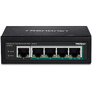 TRENDnet 5-Port Industrial Fast Ethernet DIN-Rail Switch, 4 x Fast Ethernet PoE+ Ports, 1 x Fast Ethernet Port, 90W PoE Power Budget, DIN-Rail, IP30 Rated, Lifetime Protection, Black, TI-PE50