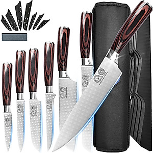 XYJ Kitchen Knife Block Sets 7pcs Stainless Steel Chef Knife Canvas Knife Bag Drawer Knife Holders Cooking Knife For Meat Fish Vegetable Cutting (Coffee)