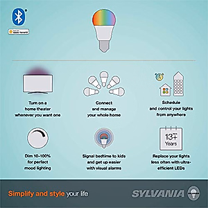 SYLVANIA Smart Bluetooth LED Light Bulb, A19 60W Equivalent, Efficient 10W, Works with Apple HomeKit, RGBW Full Color and Adjustable White, No Hub Required - 1 Pack