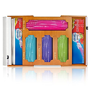 Ziplock Bag Storage Organizer and Dispenser with Cutter, Bamboo Organizer Compatible with Gallon,Sandwich & Snack