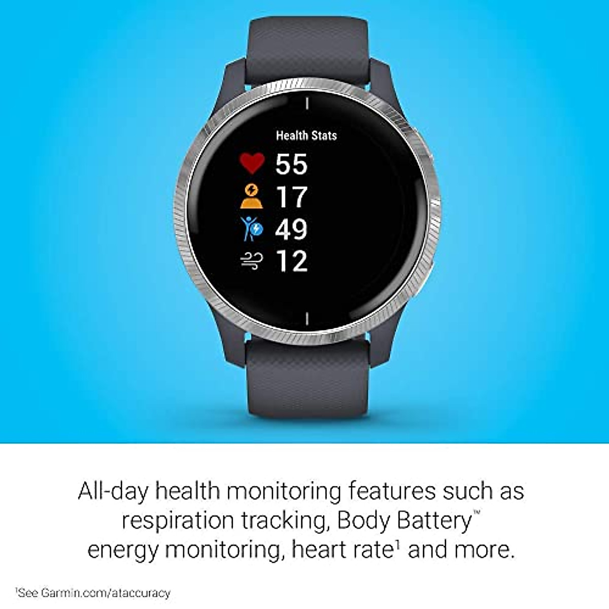 Garmin Venu, GPS Smartwatch with Bright Touchscreen Display, Features Music, Body Energy Monitoring, Animated Workouts, Pulse Ox Sensor and More, Silver with Dark Gray Band (Renewed)