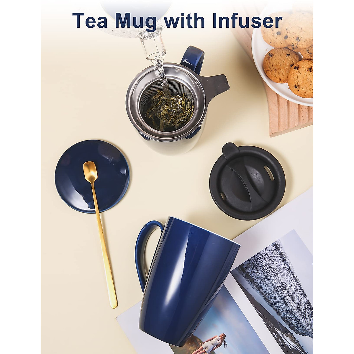 YumKubis Tea Cup Set, Two Sets Tea Cup with Infuser and Lid, 17 OZ Large Tea Infuser Mug, Ceramic Tea Mug for Women, Men, Kids