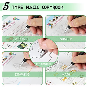 Monking 4Pc Large Magic Practice Copybook for Kids,Handwriting Practice Book 4 Pack with Pen Refill English Cursive Calligraphy Reusable Age 3-8 ，11.4x8.3Inch (4pc+2 pen)