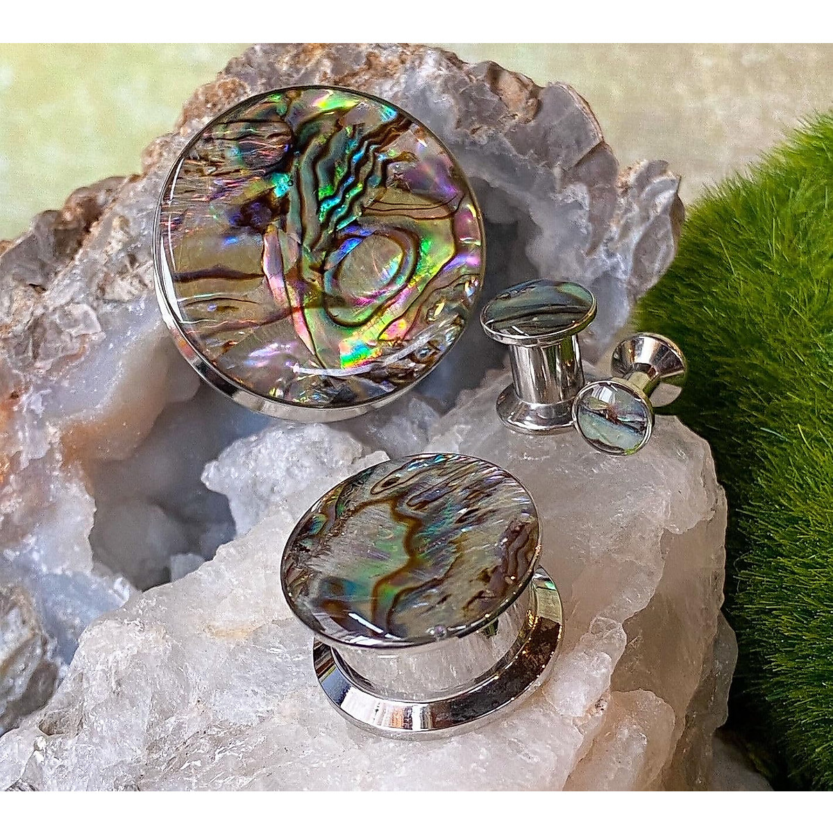 Lobal Domination PAIR Abalone Inlay Steel Screw Fit Plugs Tunnels Earlets Gauges Pierced Body Jewelry (6g (4mm))