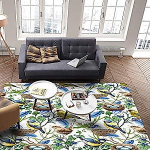 Leaves Birds Area Rug 3'x5',Blue Green Branch Plant Fruit Feather Egg Outdoor Indoor Small Carpet Runner for Kids Teen Girls Boys Bedroom,Living Room,Bathroom,Office,Kitchen,Washable Area+Rug
