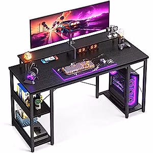 ODK 55 inch Computer Desk with Monitor Shelf and Storage Shelves, Gaming Desk, Study Table with CPU Stand & Reversible Shelves, Black