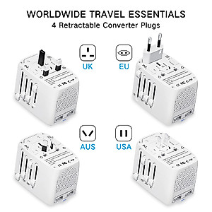 2000W Travel Voltage Converter, Universal Travel Adapter Voltage Converter Combo for 100V-240V, with 2 USB Ports, US to UK Europe Australia 200+ Countries Power Converter（White）
