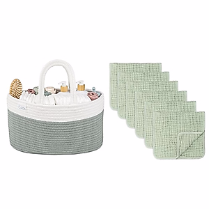 Comfy Cubs Diaper Caddy Organizer- Large Portable Baby Diaper Caddy and Muslin Burp Cloths Large 6 Pack Bundled