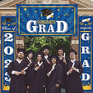 RONRONS 3 Pieces Graduation Party Decoration Banner Set, 2023 Grad Graduation Porch Sign, Front Door Wall Yard Hanging Background Signs for Indoor Outdoor School College (Blue)