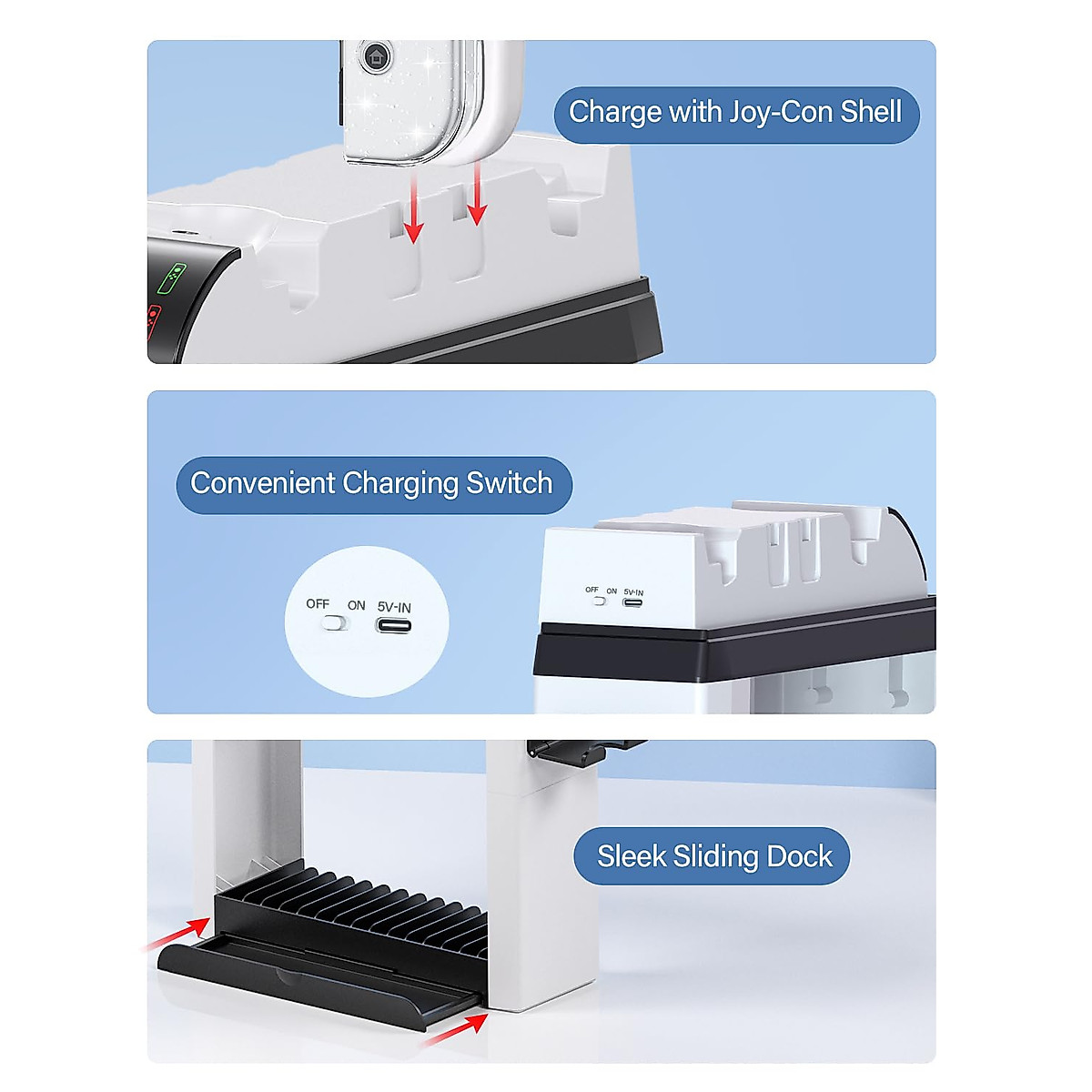Switch Games Organizer Holder and Charging Dock for Nintendo Switch & Switch OLED Joy-Cons/Original Switch Pro Controller - Nargos Switch Storage Rack Stand Accessories kit
