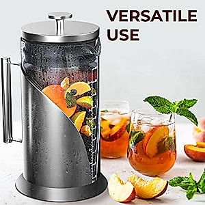 Cafe Du Chateau Start Brewing Perfect Iced Coffee & Tea w/Our Cold Brew Coffee Maker, Pitcher for Fridge (34oz) - Air Tight Seal, Measuring Label - Stainless Steel Iced Coffee Maker Machine, Brewer