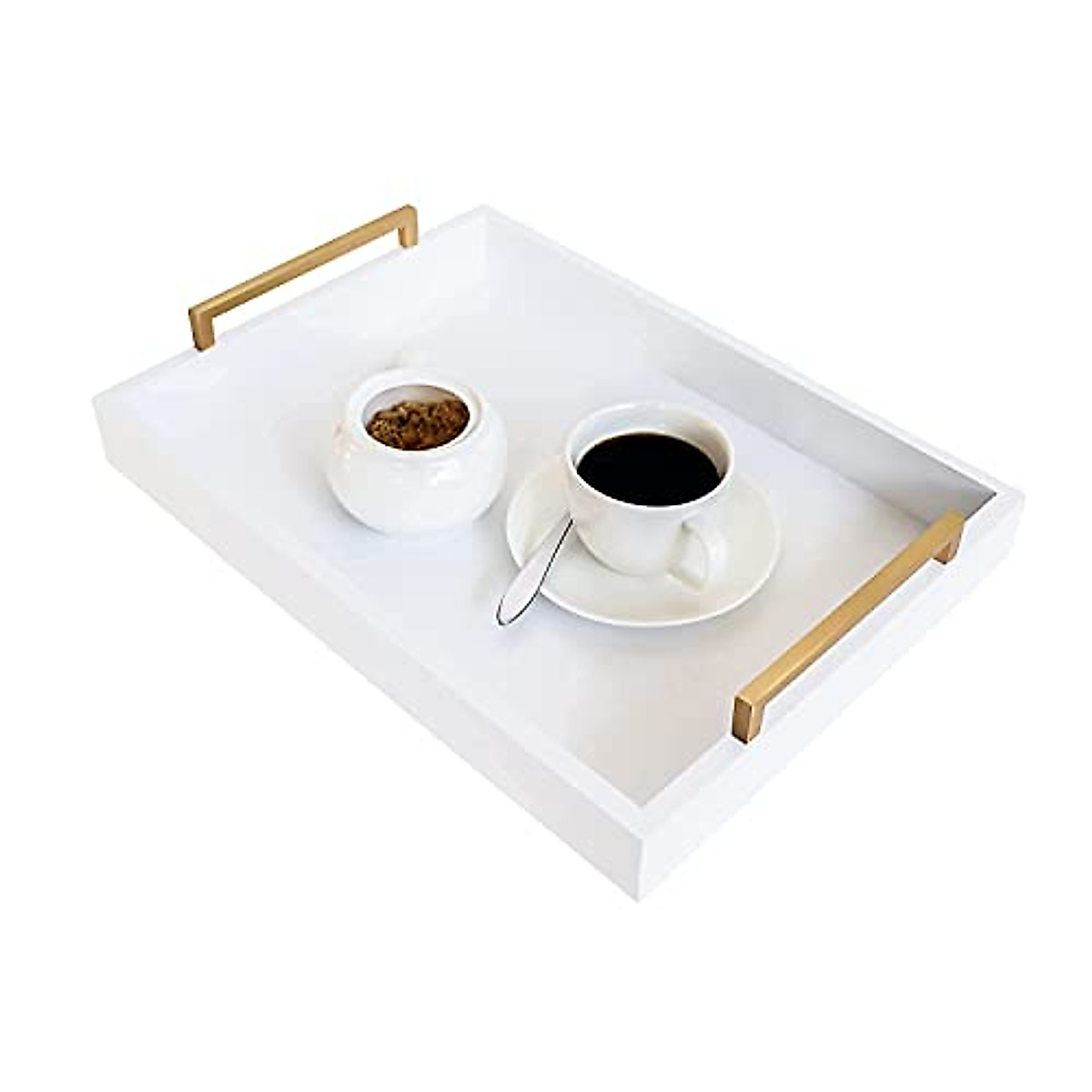 Crown Home & Living Ottoman Serving Tray 16.5x12.25 - White Coffee Table Tray with Brushed Gold Handles, Handcrafted, Sturdy & Spacious - Ideal for Bedroom, Kitchen, Living Room Decor