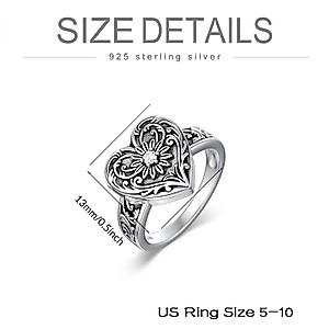 SOULMEET Sterling Silver Heart Sunflower Locket Ring That Holds Pictures Personalized Memorial Photo Locket Band Poison Locket Rings Size 5-10 (Ring+Photo)