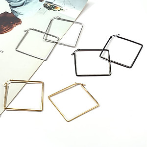 3 Pairs Big Square Hoop Earrings for Women, Geometric Symmetrical Flat Stainless Steel Plated in Gold-Silver-Black, 70mm