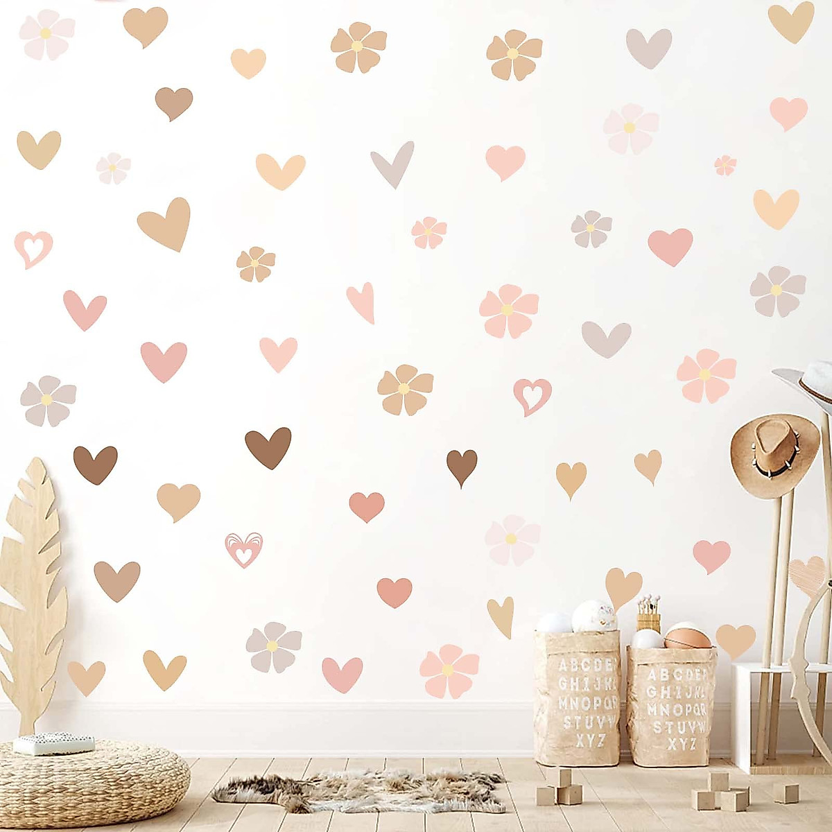 Colorful Flowers Wall Decals Boho Wall Stickers Pastel Hearts Wall Art Stickers Girls Bedroom Decor Pink Floral Decals Peel and Stick Heart Vinyl Murals Wallpaper for Kids Baby Room Nursery Decoration