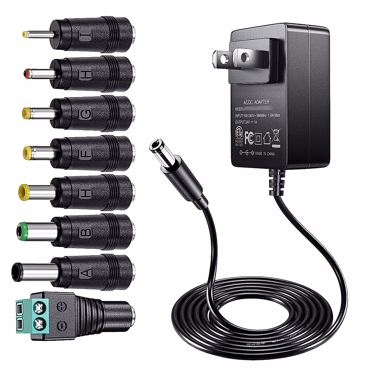 SoulBay 24V 1A Power Supply Adapter w/ 8 Tips for CCTV WiFi Camera Router LED Strip Light, AC 100-240V to DC 24 Volt Plug in Transformer Cord with ETL Certificate, 5 FT