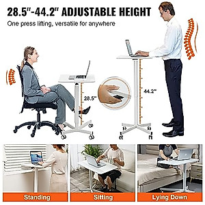 VEVOR 28.5"-44.2" Gas-Spring Height Adjustable Sit-Stand Desk 360° Swivel Wheels (2 Lockable) Portable Rolling Laptop Table Computer Cart for Home Office School, 44LBS Loading, 29.1 x 18.9 inch, White