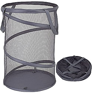 Qtopun Mesh Popup Laundry Hamper, Foldable Portable Cylindrical Dirty Clothes Basket for Bedroom, Kids Room, College Dormitory and Travel — Grey