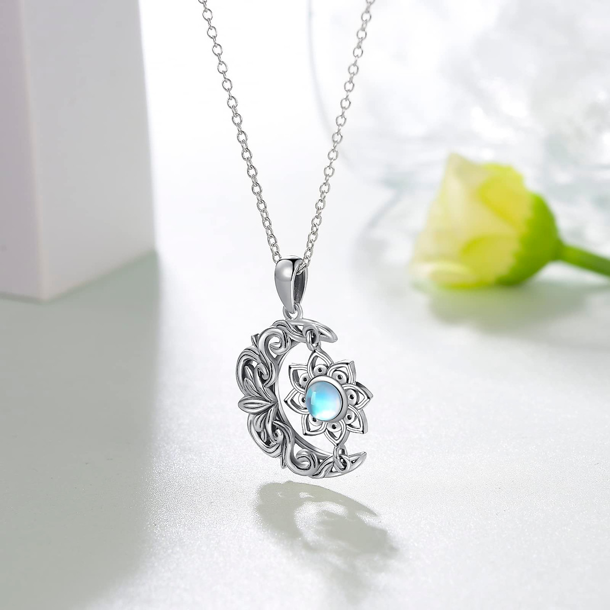 SCZKLAQ Lotus Necklace for Women 925 Sterling Silver Lotus Flower Necklace Moonstone Yoga Lotus Jewelry for Women Lotus Gifts
